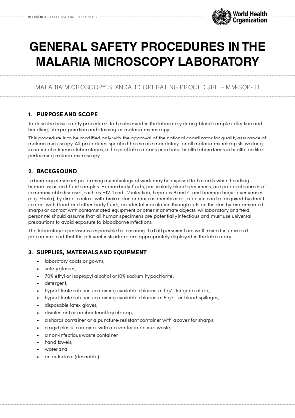 (PDF) GENERAL SAFETY PROCEDURES IN THE MALARIA MICROSCOPY LABORATORY