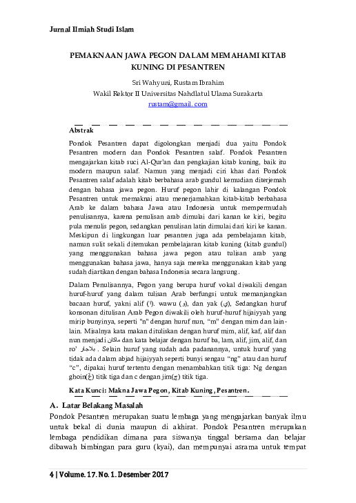 (PDF) Pemaknaan Jawa Pegon Dalam Memahami Kitab Kuning DI Pesantren