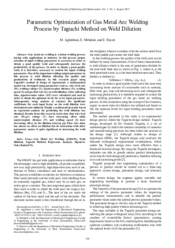 (PDF) Parametric Optimization of Gas Metal Arc Welding Process by Taguchi Method on Weld Dilution