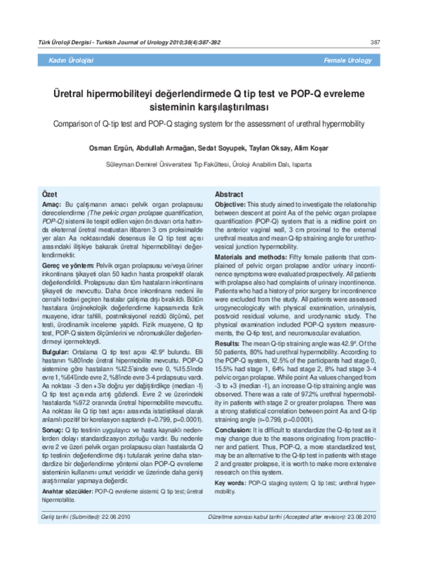 Pdf Comparison Of Q Tip Test And Pop Q Staging System For The Assessment Of Urethral Hypermobility
