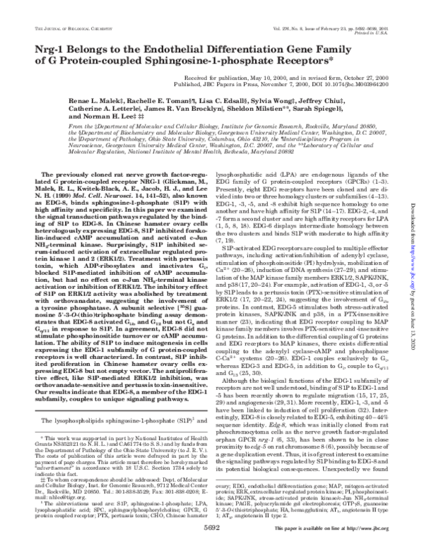 (PDF) Nrg-1 Belongs to the Endothelial Differentiation Gene Family of G ...