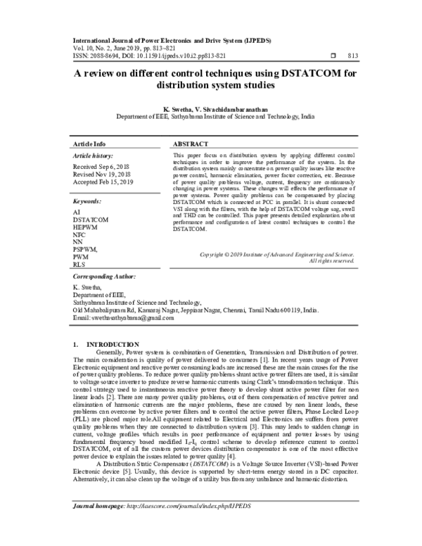 Pdf A Review On Different Control Techniques Using Dstatcom For