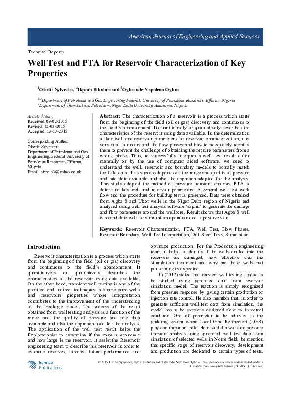 (PDF) Well Test and PTA for Reservoir Characterization of Key Properties