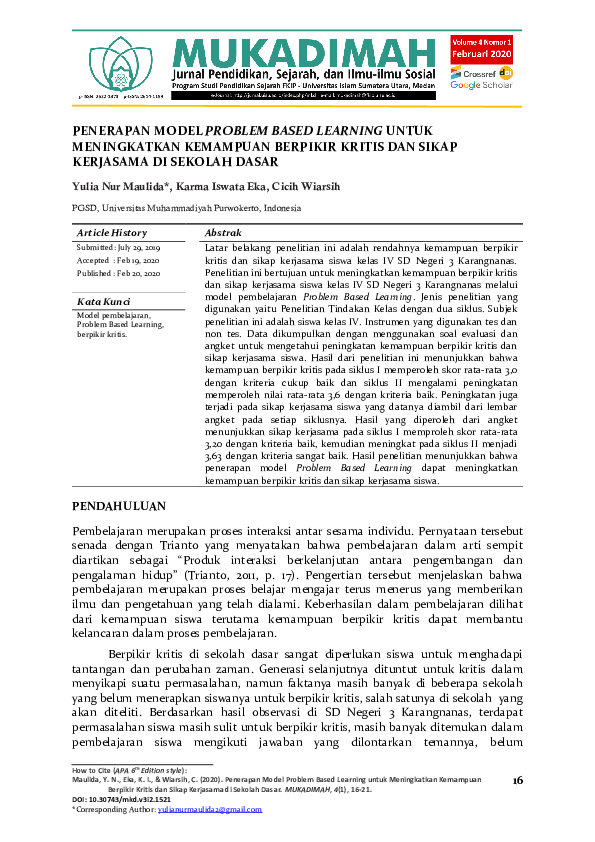 (PDF) Penerapan Model Problem Based Learning untuk Meningkatkan Kemampuan Berpikir Kritis dan ...