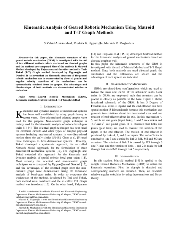 (PDF) Kinematic analysis of geared robotic mechanism using matroid and T-T graph methods