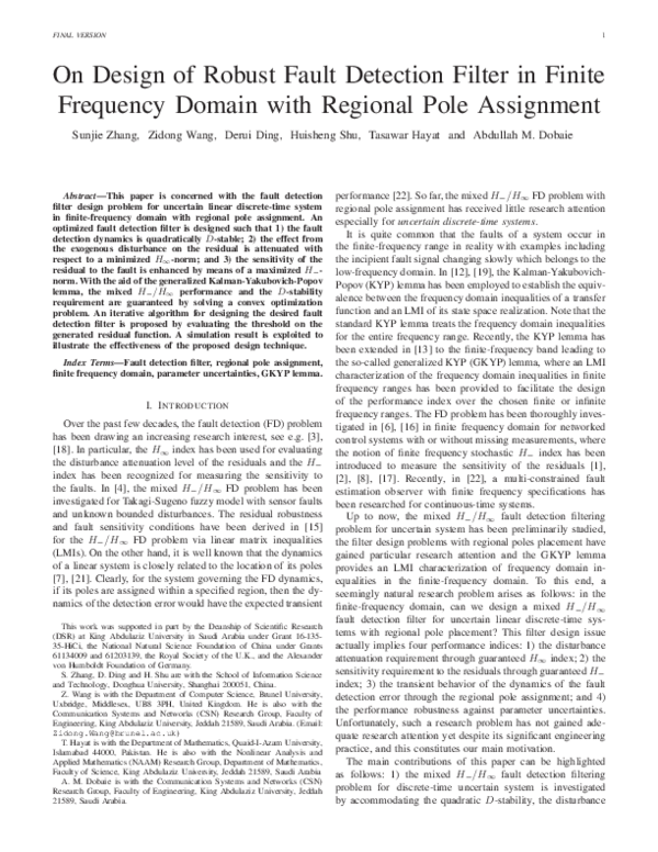 (PDF) On Design of Robust Fault Detection Filter in Finite Frequency Domain with Regional Pole ...