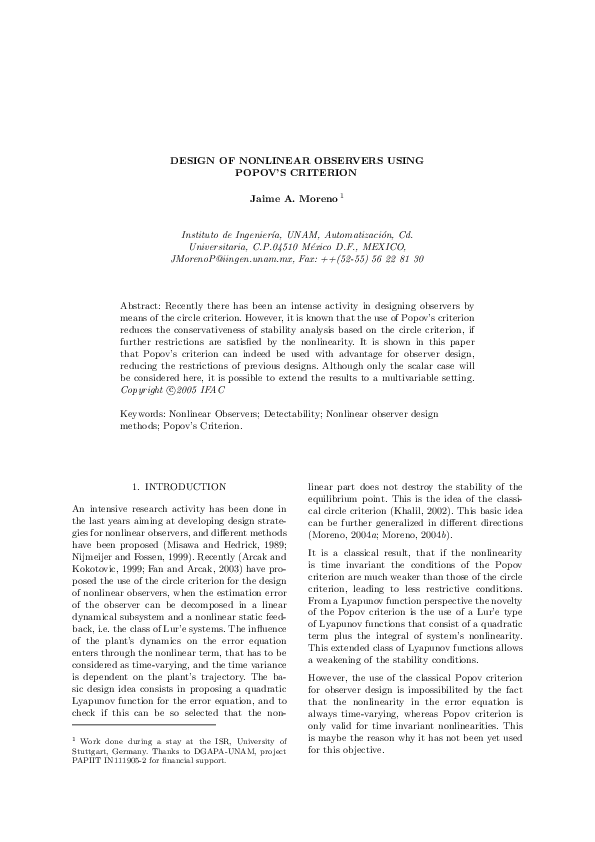 Pdf Design Of Nonlinear Observers Using Popovs Criterion