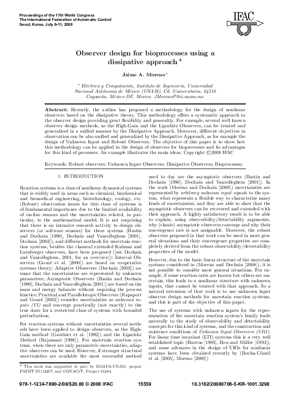 (PDF) Observer Design for Bioprocesses Using a Dissipative Approach