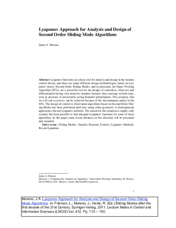 (PDF) Lyapunov approach for analysis and design of second order sliding mode algorithms