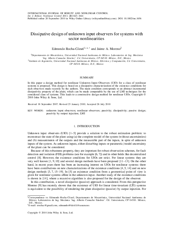 Pdf Dissipative Design Of Unknown Input Observers For Systems With Sector Nonlinearities
