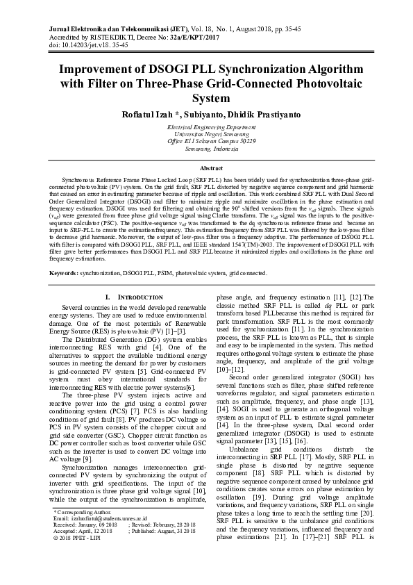 Pdf Improvement Of Dsogi Pll Synchronization Algorithm With Filter On Three Phase Grid