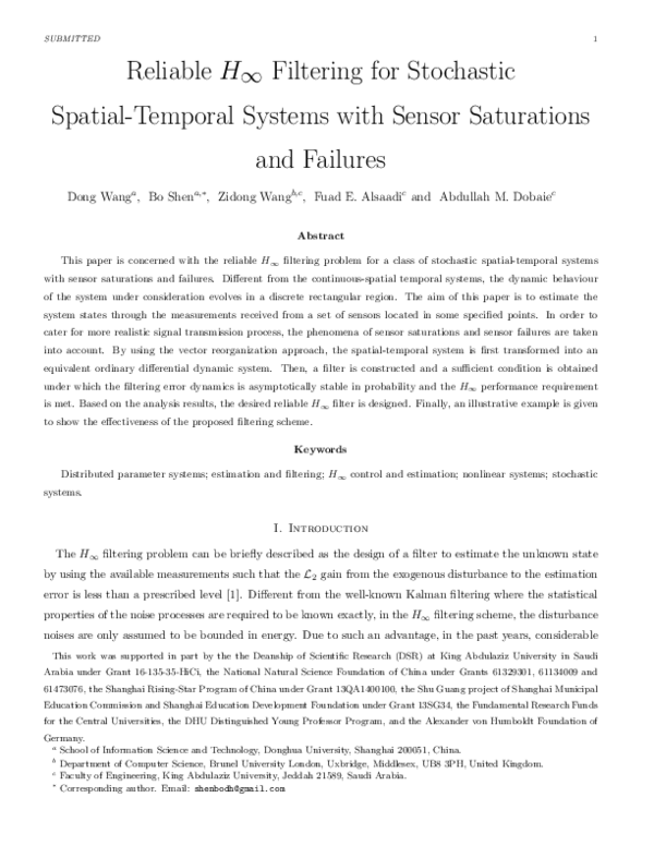 Pdf Reliable H ∞ Filtering For Stochastic Spatialtemporal Systems With Sensor Saturations And