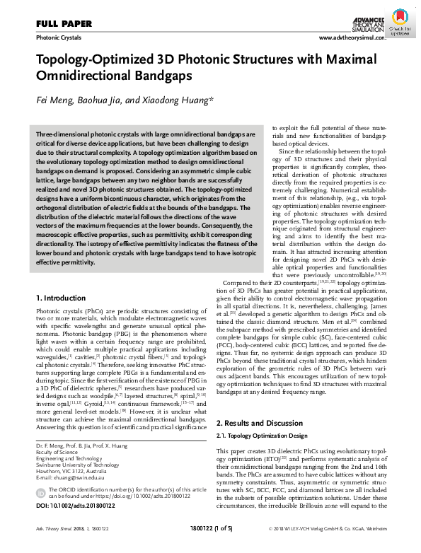 (PDF) Topology-Optimized 3D Photonic Structures with Maximal Omnidirectional Bandgaps