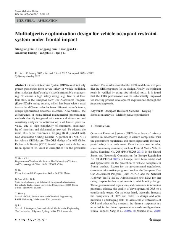 Pdf Multiobjective Optimization Design For Vehicle Occupant Restraint System Under Frontal Impact