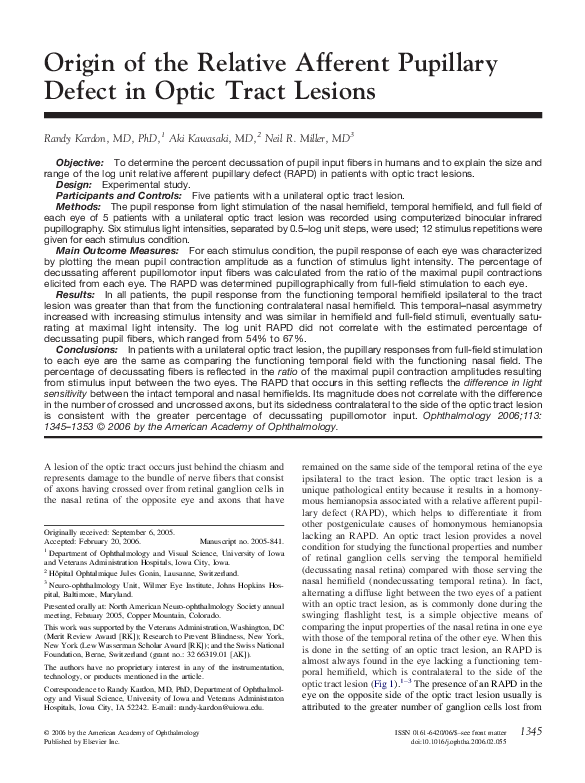 (PDF) Origin of the Relative Afferent Pupillary Defect in Optic Tract ...