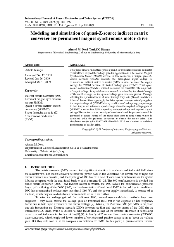 Pdf Modeling And Simulation Of Quasi Z Source Indirect Matrix Converter For Permanent Magnet