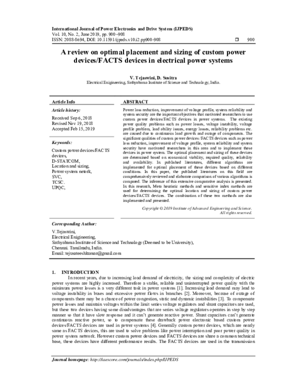 Pdf A Review On Optimal Placement And Sizing Of Custom Power Devicesfacts Devices In
