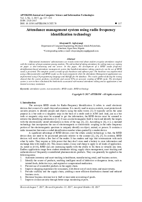 (PDF) Attendance Management System using Radio Frequency Identification Technology