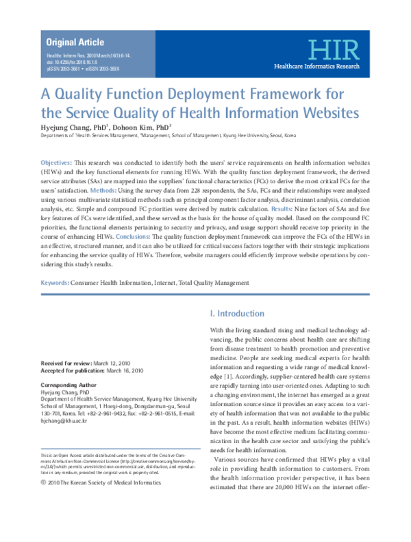 Pdf A Quality Function Deployment Framework For The Service Quality Of Health Information Websites