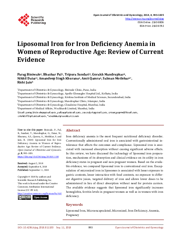 (PDF) Liposomal Iron for Iron Deficiency Anemia in Women of Reproductive Age: Review of Current ...