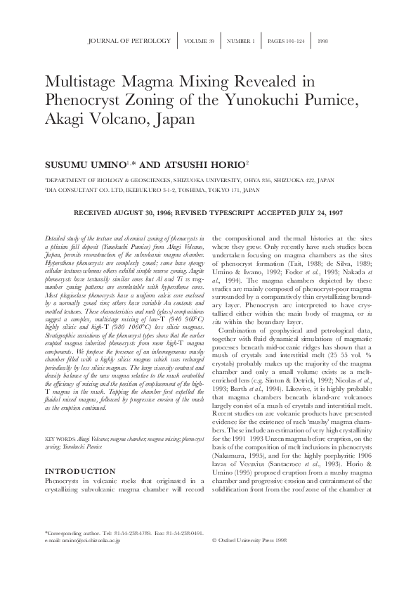 (PDF) Multistage Magma Mixing Revealed in Phenocryst Zoning of the Yunokuchi Pumice Akagi ...