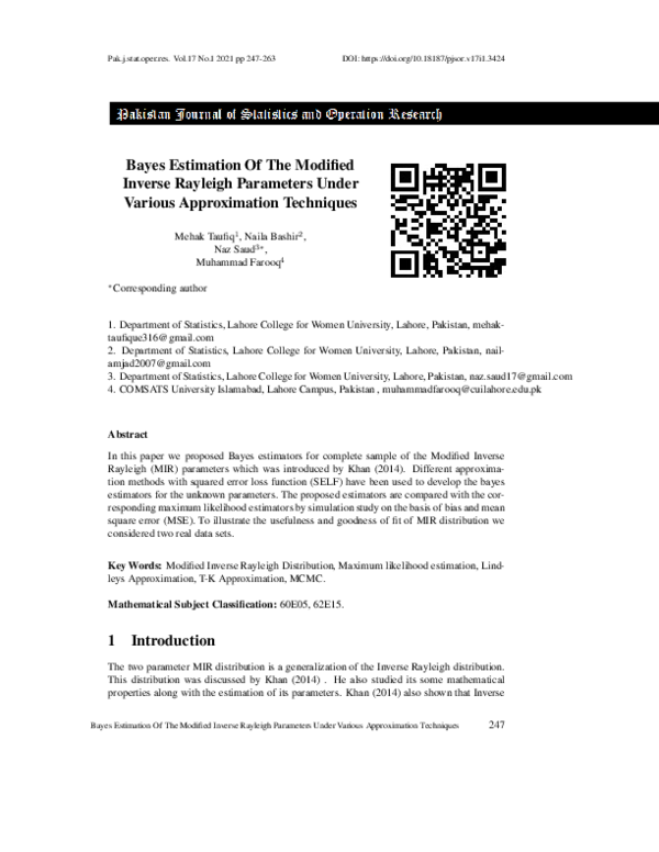 (PDF) Bayes Estimation of the Modified Inverse Rayleigh Parameters Under Various Approximation ...