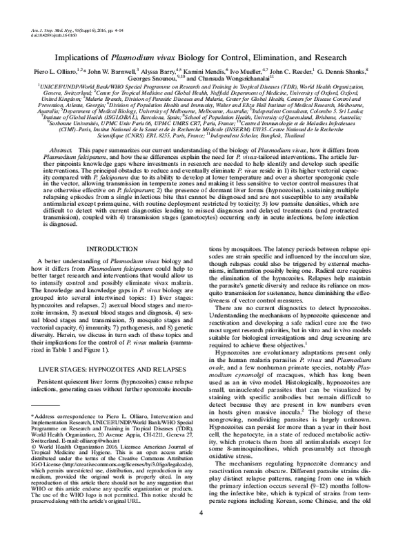 (PDF) Implications of Plasmodium vivax Biology for Control, Elimination ...