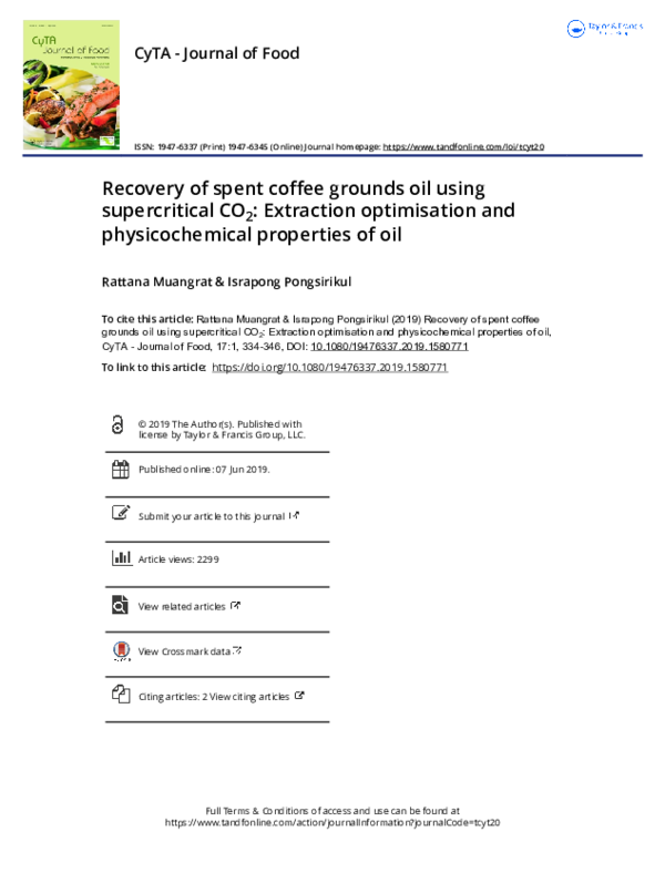(PDF) Recovery of spent coffee grounds oil using supercritical CO2: extraction optimization and ...