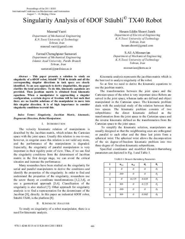 (PDF) Singularity analysis of 6DOF Stäubli© TX40 robot
