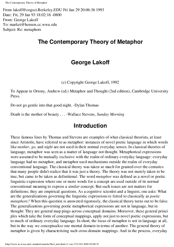 (PDF) The Contemporary Theory of Metaphor