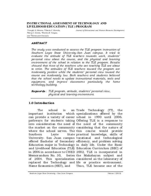 (PDF) Instructional Assessment of Technology and Livelihood Education ...