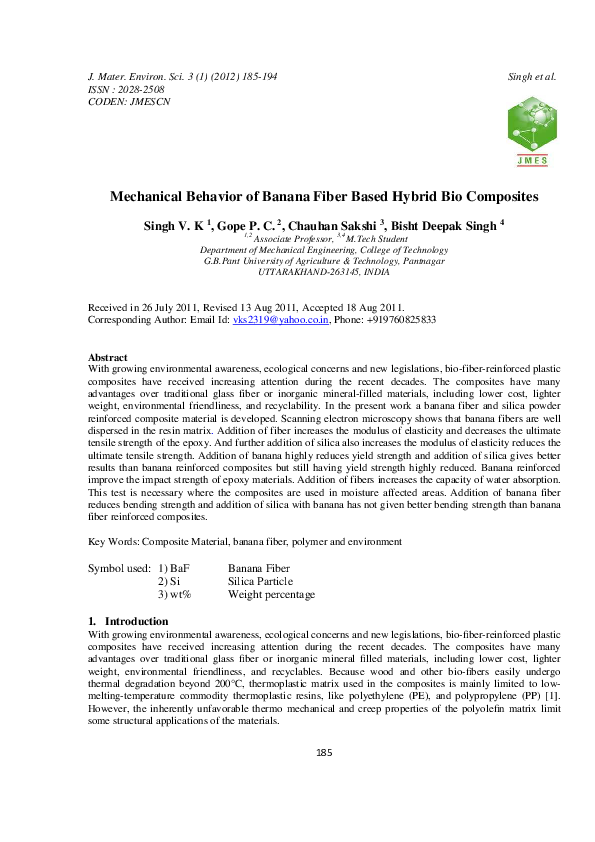 Pdf Mechanical Behavior Of Banana Fiber Based Hybrid Bio Composites