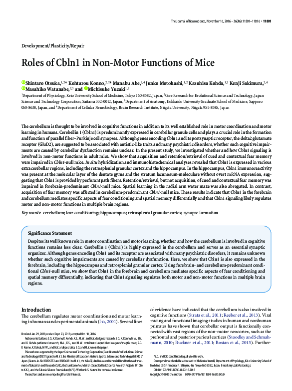 (PDF) Roles of Cbln1 in Non-Motor Functions of Mice