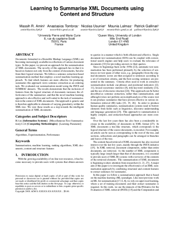 (PDF) Learning to summarise XML documents using content and structure