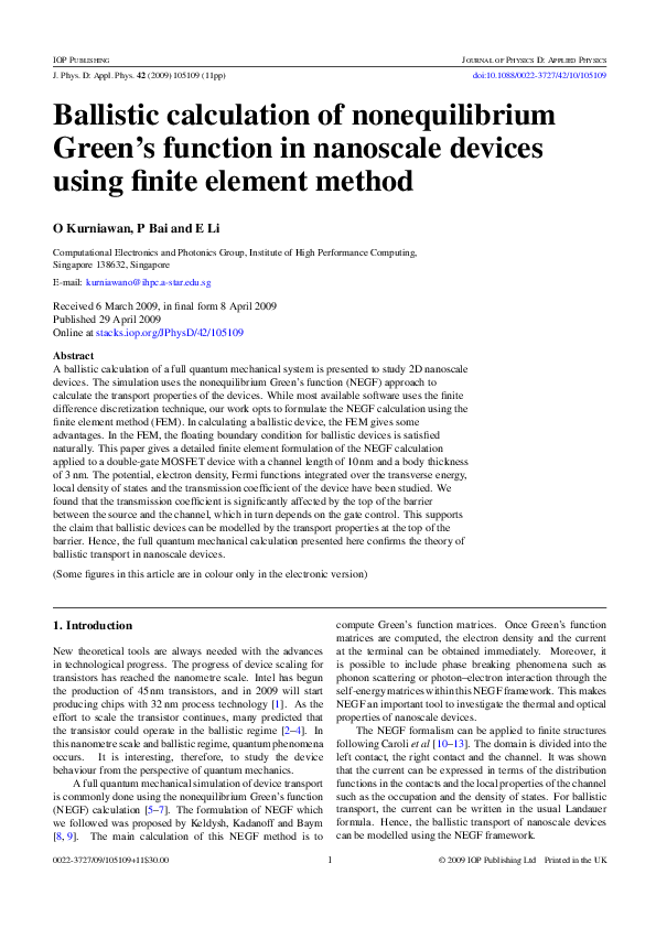 Pdf Ballistic Calculation Of Nonequilibrium Greens Function In Nanoscale Devices Using Finite