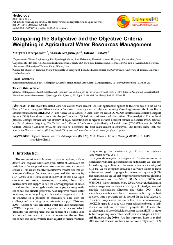 Pdf Comparing The Subjective And The Objective Criteria Weighting In