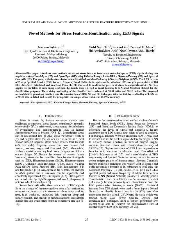 (PDF) Novel Methods for Stress Features Identification Using EEG Signals