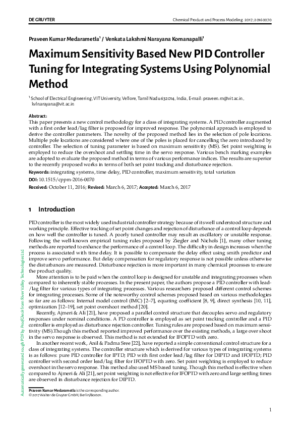 (PDF) Maximum Sensitivity Based New PID Controller Tuning for Integrating Systems Using ...
