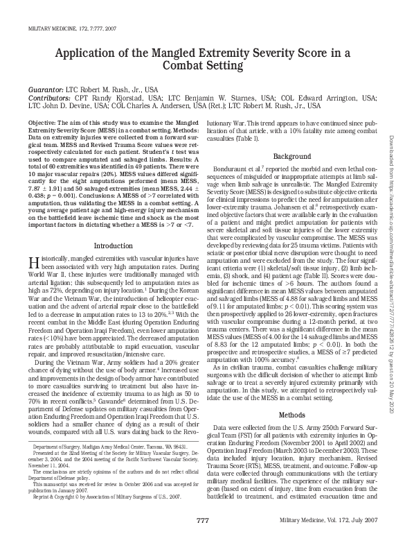 (PDF) Application of the Mangled Extremity Severity Score in a combat ...