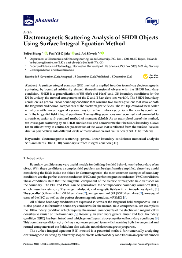 (PDF) Electromagnetic Scattering Analysis of SHDB Objects Using Surface Integral Equation Method ...