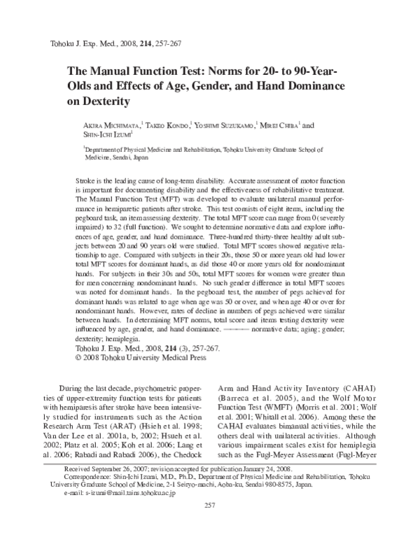 (PDF) The Manual Function Test: Norms for 20- to 90-Year-Olds and ...