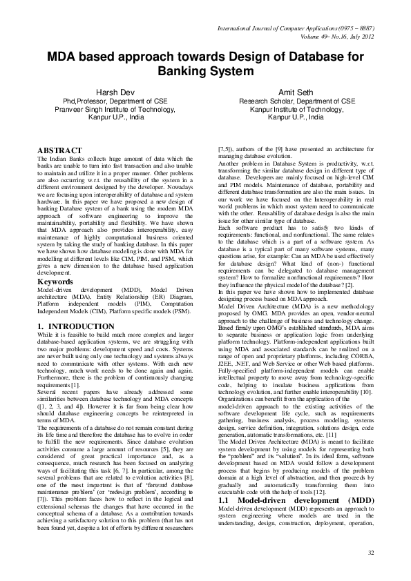 (PDF) MDA based approach towards Design of Database for Banking System