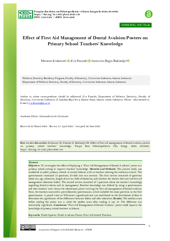 (PDF) Effect of First Aid Management of Dental Avulsion Posters on ...
