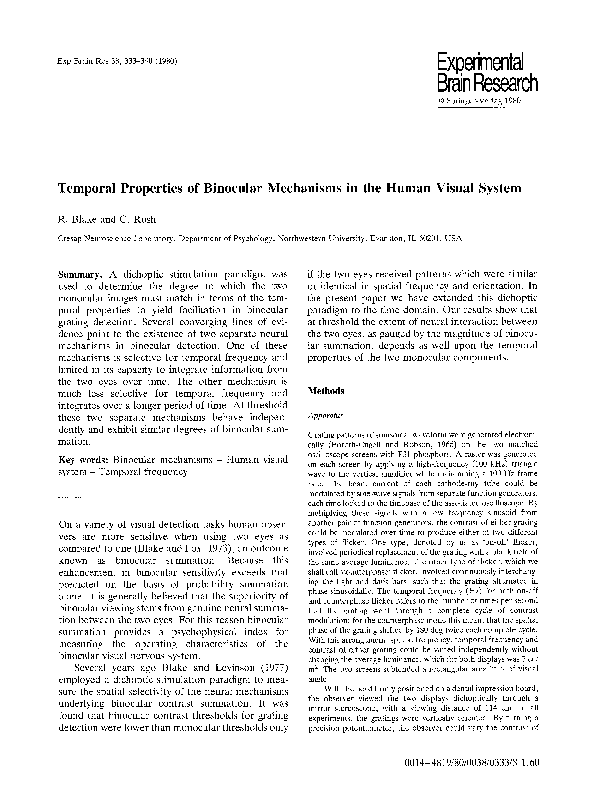 (PDF) Temporal properties of binocular mechanisms in the human visual system | Randolph Blake ...