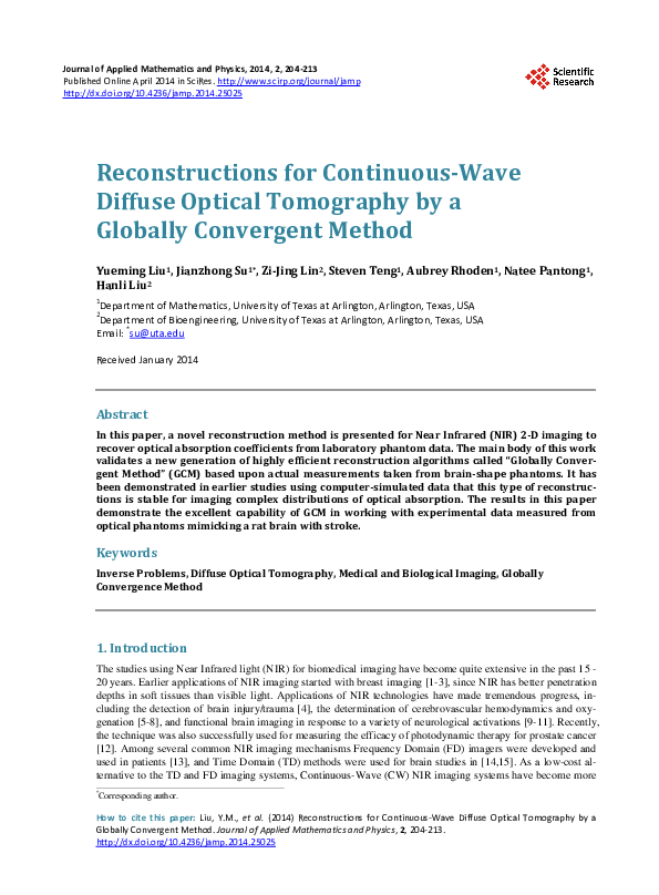 Pdf Reconstructions For Continuous Wave Diffuse Optical Tomography By A Globally Convergent Method