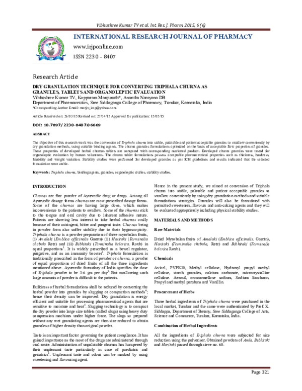 Pdf Dry Granulation Technique For Converting Triphala Churna As Granules Tablets And