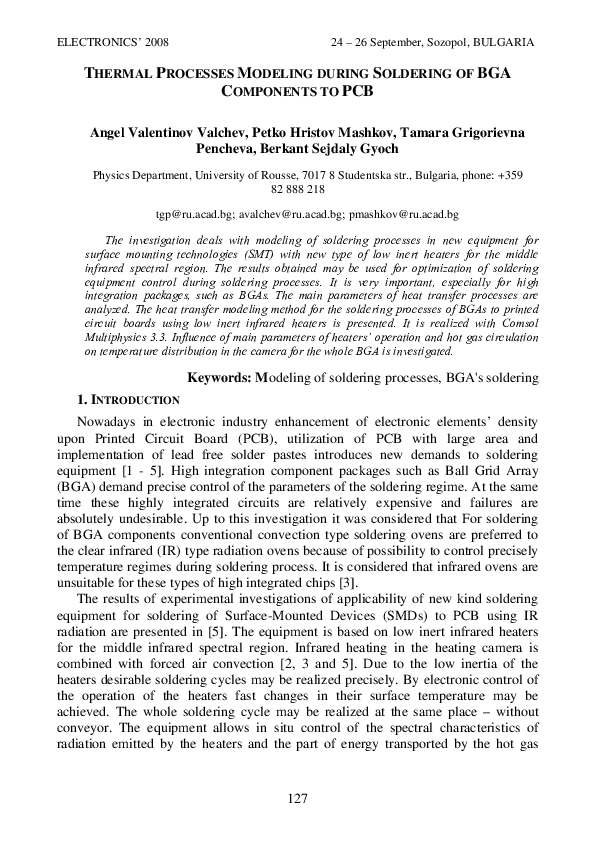 (PDF) Thermal Processes Modeling During Soldering of Bga Components to PCB