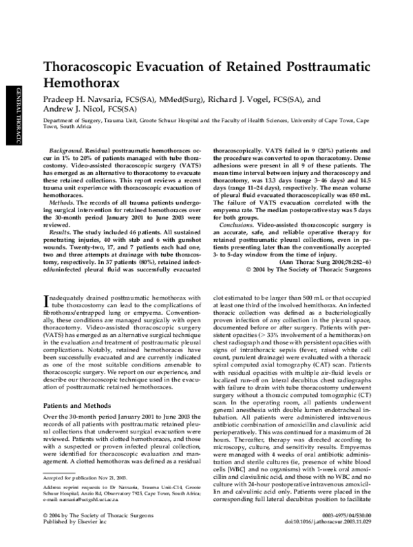 (PDF) Thoracoscopic evacuation of retained posttraumatic hemothorax