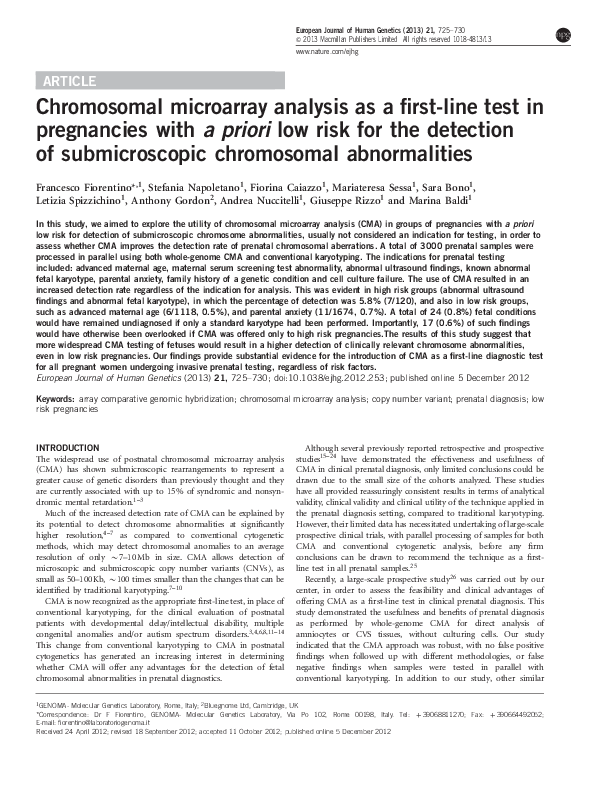 Pdf Chromosomal Microarray Analysis As A First Line Test In Pregnancies With A Priori Low Risk