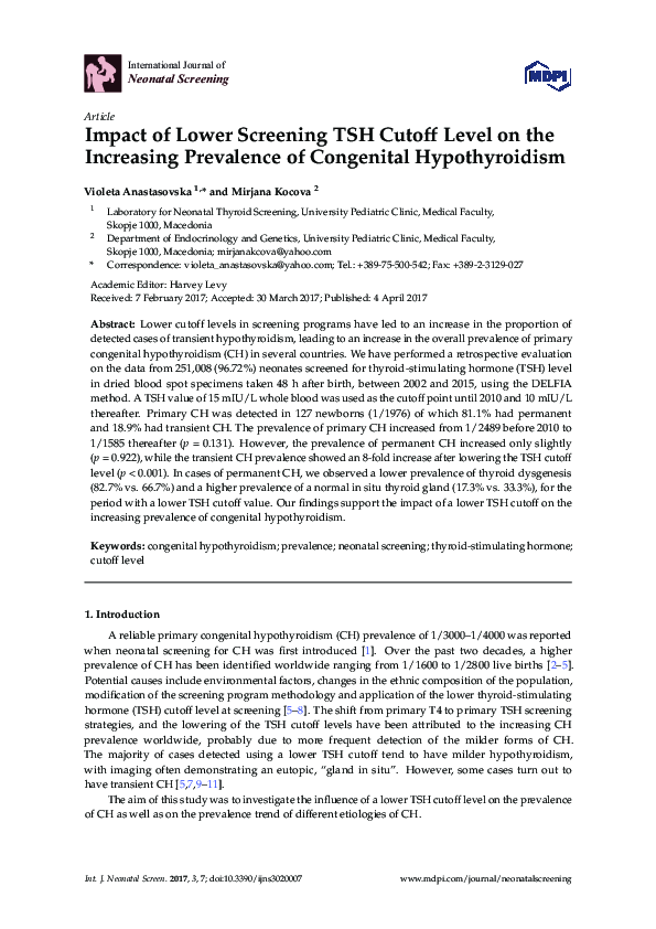 (PDF) Impact of Lower Screening TSH Cutoff Level on the Increasing ...